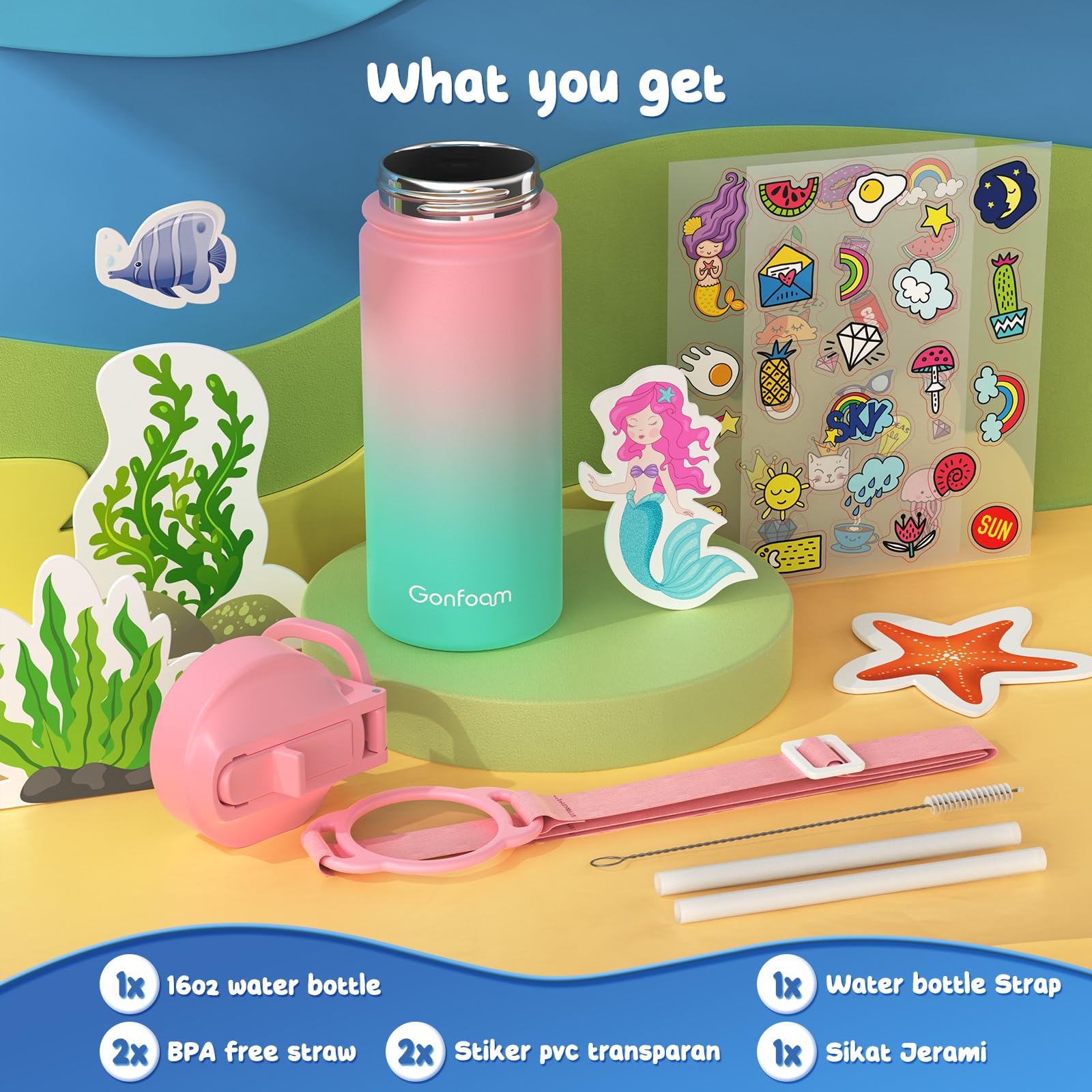 Kids Water Bottle, 16oz Kids Water Bottle with Stickers for School(Pink/Green)