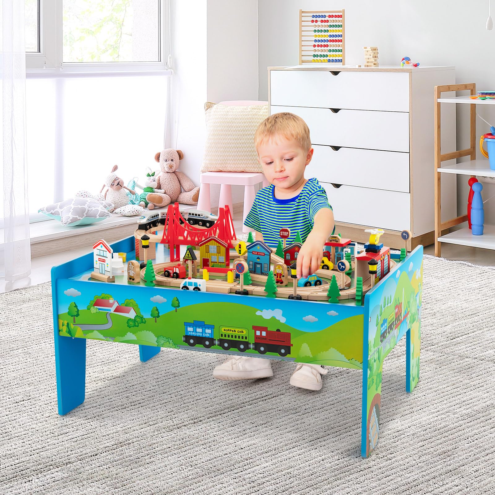 Costzon Train Table with 100 Multicolor Pieces, Wooden Kids Activity Table with Large Rolling Storage Drawer, Tracks, Cars, DIY Design, Train Set Table for Toddlers 3+, Gift for Boys Girls