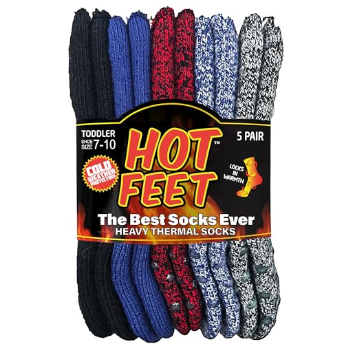 HOT FEET Toddler Warm Socks – 5/6 Pack Thermal Crew Winter Socks for Toddlers, Thick Insulated Snow Socks for Kids, 2 Solid Non-gripped / 3 Marled Gripped (2)