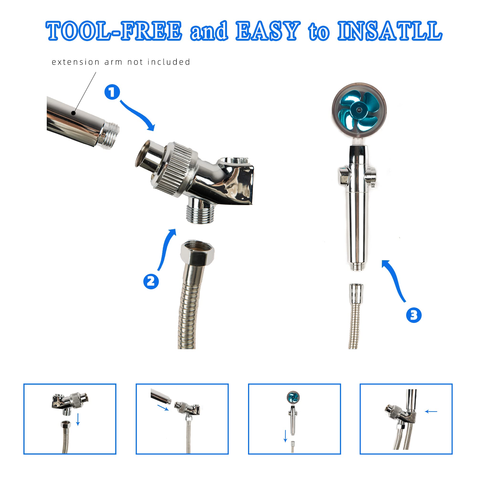 Alphyse Turbo Shower Head High Pressure, Vortex Shower Head with Handheld, Hydro Shower Head with Hose, 3 Filters and Turbo Fan, Blue