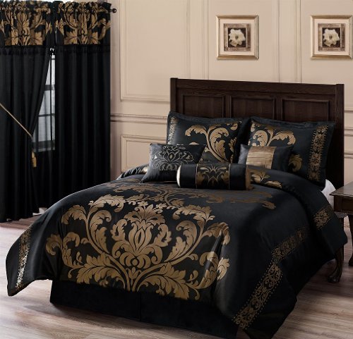 Chezmoi Collection 7-Piece Jacquard Floral Comforter Set/Bed-in-a-Bag Set, King, Black Gold