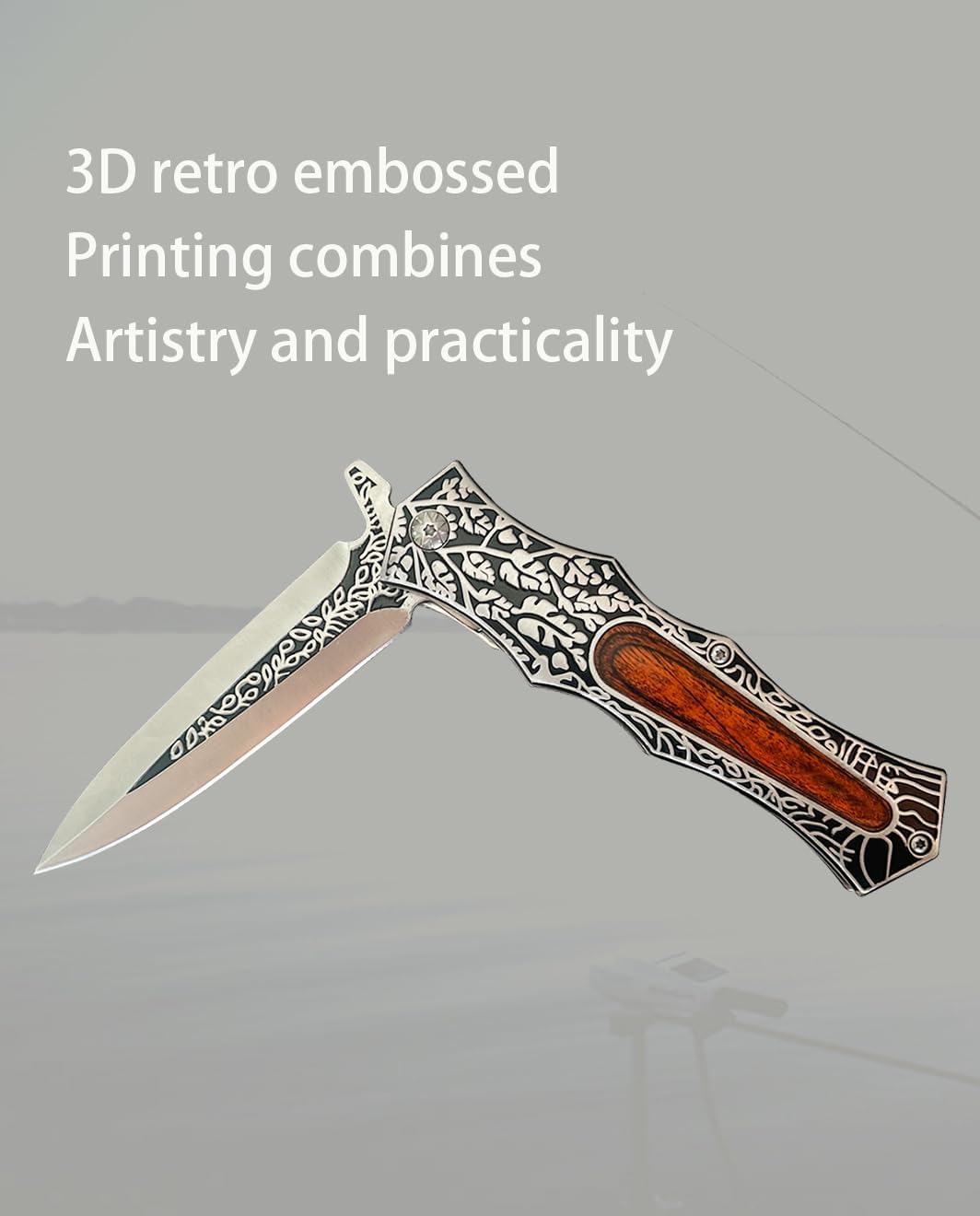 SELUCREH Folding Knife Stainless Steel Blade with 3D Retro Embossed Pattern, Pocket Clip for Men,Sharp Camping Survival Hiking Knives (Sword Type)