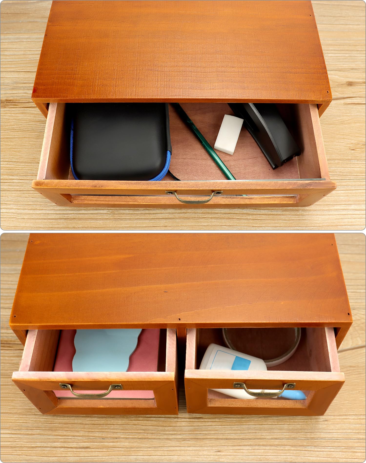 QWORK Wooden Box Organizer, Wood Desktop Storage Cabinet with 3 Drawers, Dark Brown