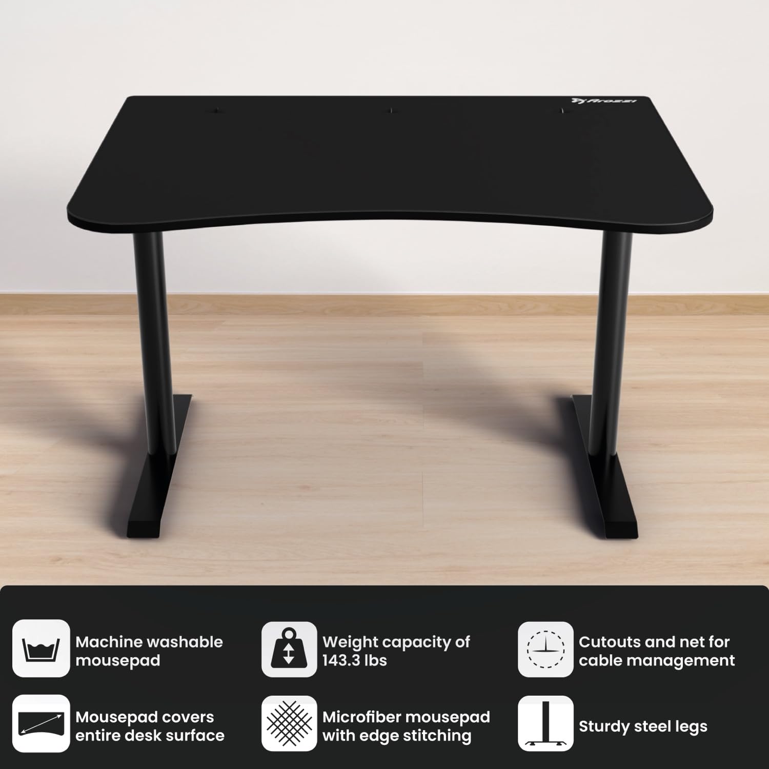Arozzi Arena Fratello Curved Gaming and Office Desk with Full Surface Water Resistant Desk Mat Custom Monitor Mount Cable Management Cut Outs Under The Desk Cable Management Netting - Pure Black