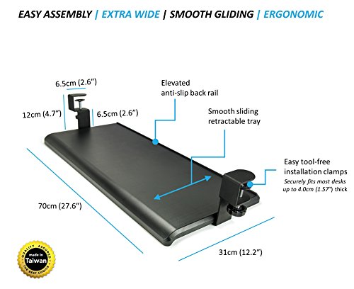Aidata KB-1010 Desk-Clamp Keyboard Tray, Black, Easy to Install on Any Work Surface, Sturdy Metal Clamp Fits Onto Desks up to 40mm, Impact-resistant Tray Fits Standard Keyboards