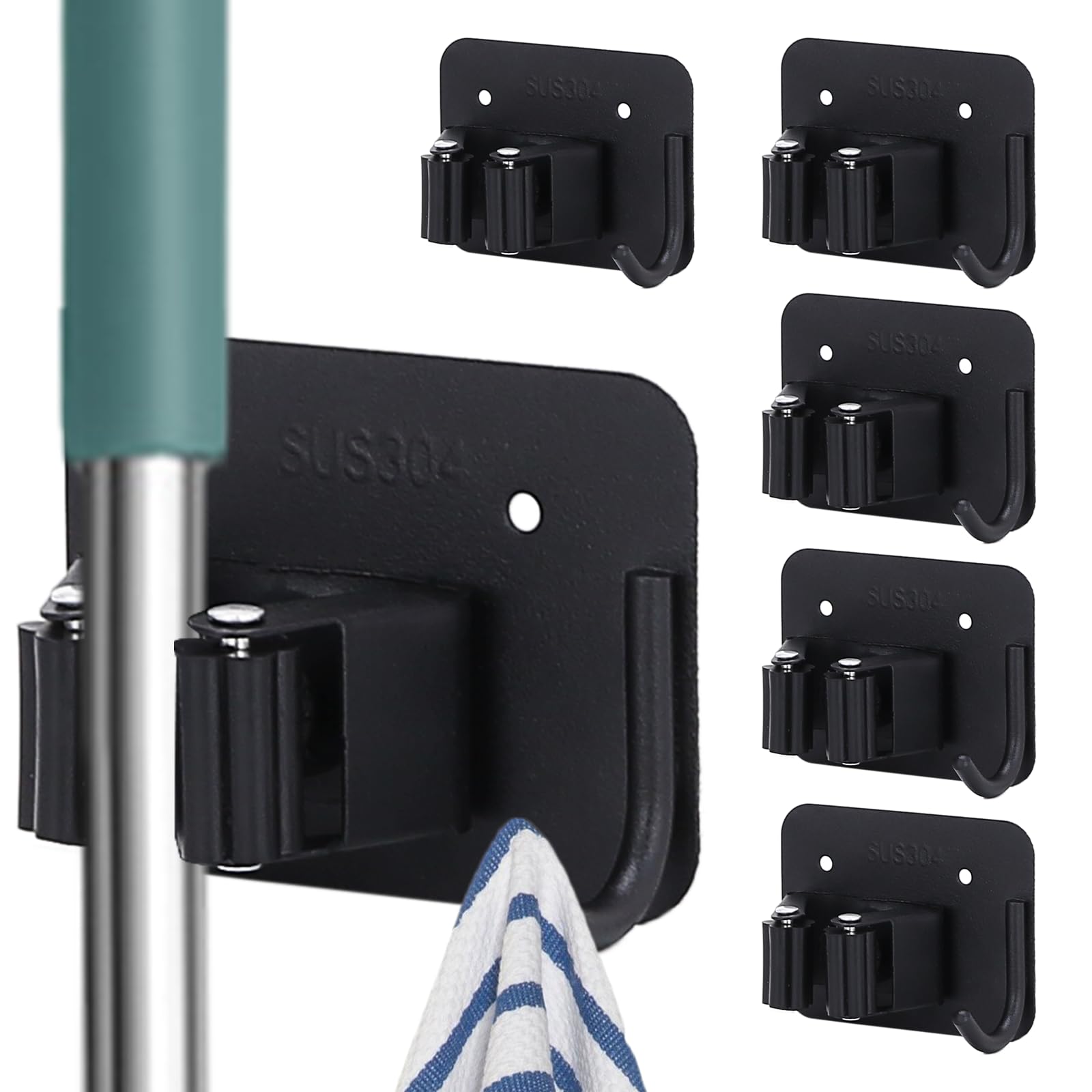 AACGIN 5 Pack Broom Holder Stainless Steel Rust Resistant Broom Hanger with Hooks Screw Drilling Heavy Duty Mop and Broom Holder Wall Mount for Bathroom Kitchen Laundry Room Garage Storage - Silver