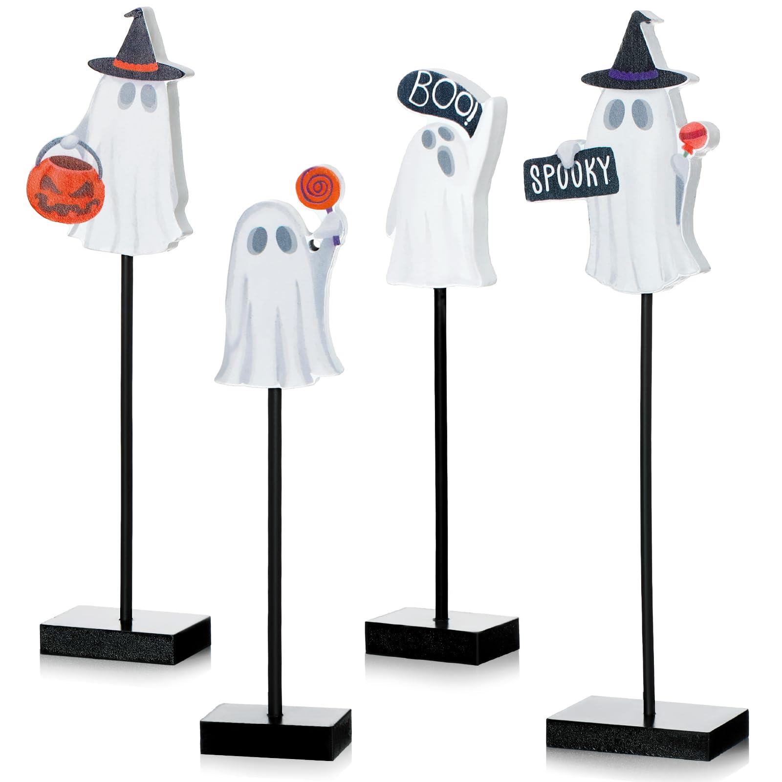 Thyle 4 Pcs Halloween Standing Table Decor Ghosts Wooden Signs Halloween Tiered Tray Decor Table Topper Sign for Halloween Party Favor Decor