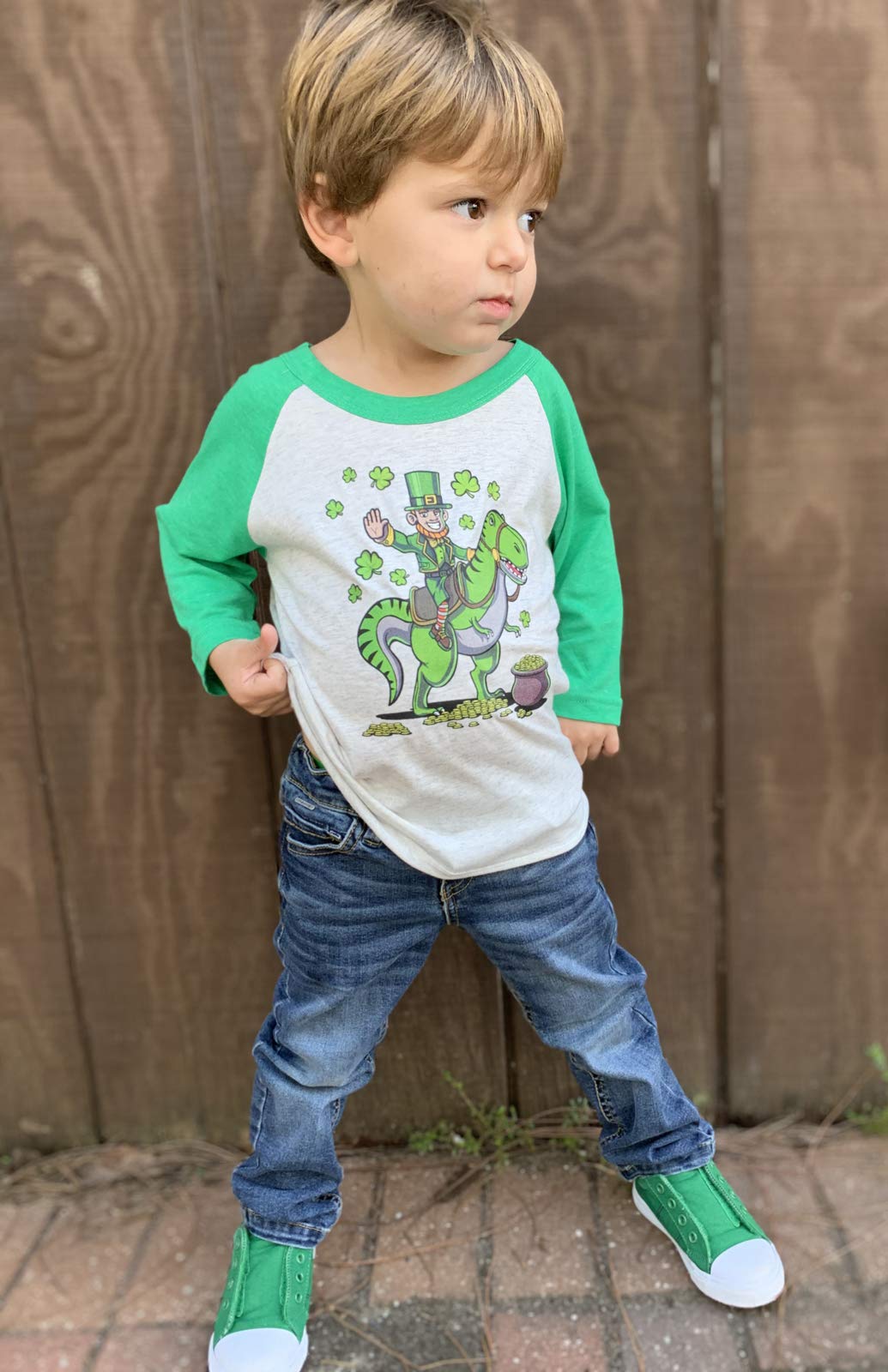 St. Patrick's Day Dinosaur Kids T-Shirt/or Unisex 3/4 Sleeve Baseball Tee (White with Green Sleeves, 4T)