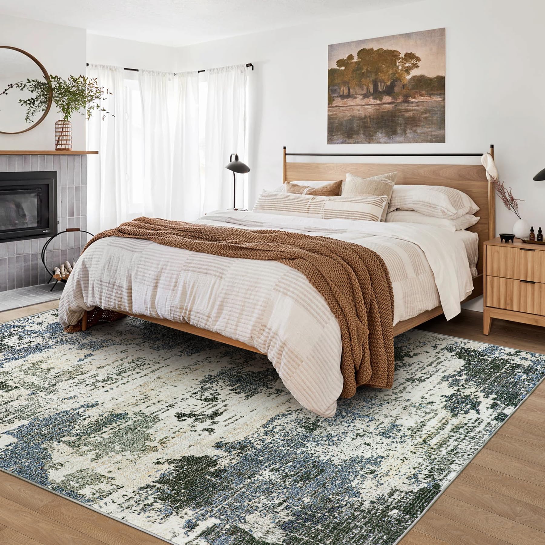6x9 Area Rugs Living Room Rugs, Abstract Machine Washable Rugs with Anti-Slip Backing Stain Resistant Non-Shedding Soft Large Carpet for Bedroom Entryway Nursery Dining Room Indoor Decor-Blue/Gray