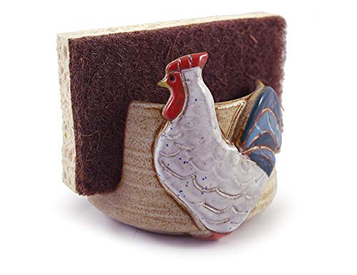 American Handmade Pottery Kitchen Sponge Holder, Farmhouse Rooster Motif