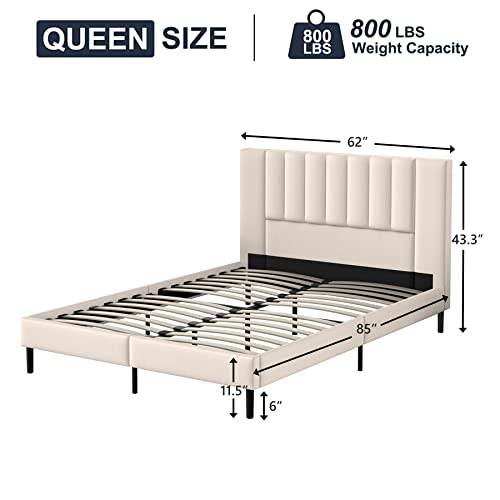 Flolinda Queen Size Platform Bed Frame with Velvet Upholstered Headboard and Wooden Slats Support, Fully Upholstered Mattress Foundation/No Box Spring Needed/Easy Assembly, Cream White