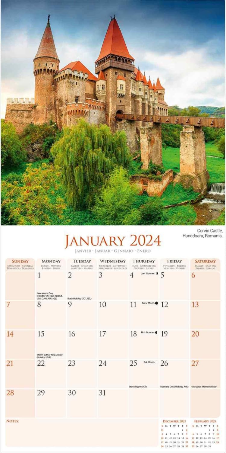 2023 2024 Castles Monthly Wall Calendar - Travel Calendar - 12 x 24 Open - Thick No-Bleed Paper - Giftable - Academic Teacher's Planner Calendar Organizing & Planning Calendar
