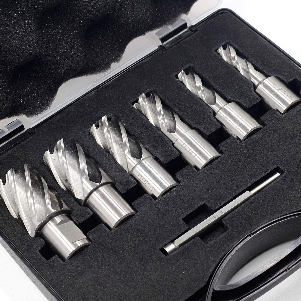 OSCARBIDE Annular Cutter Set 7 Pieces 3/4" Weldon Shank 1"Cutting Depth,1/2 to 1-1/16 inch Diameter,2 Flats Annular Cutters HSS Mag Drill Bits Kit for Magnetic Drill Press with 1 Pieces Pilot Pin
