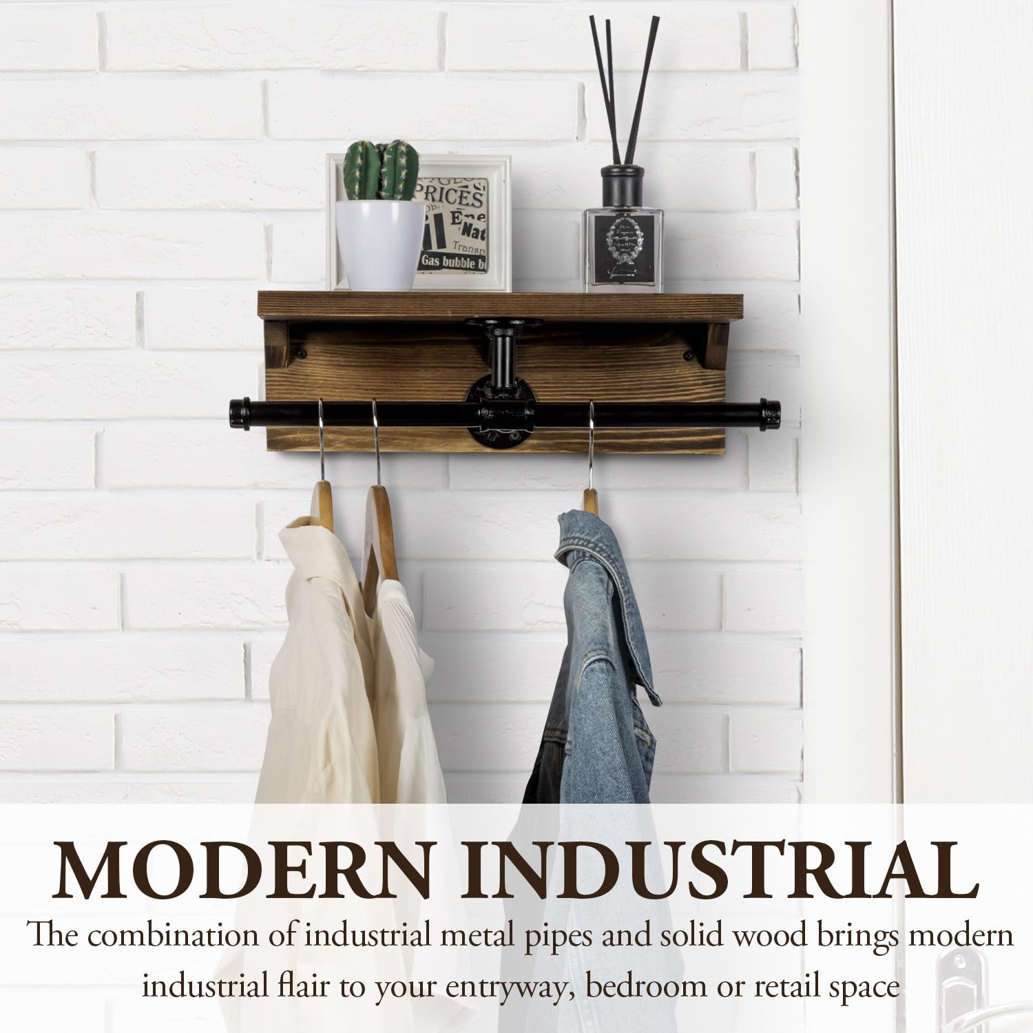 MyGift Wall Mounted Garment Rack with Top Rustic Burnt Solid Wood Shelf, Industrial Matte Black Metal Pipe Storage Clothing Hanger Rod and Display Shelf