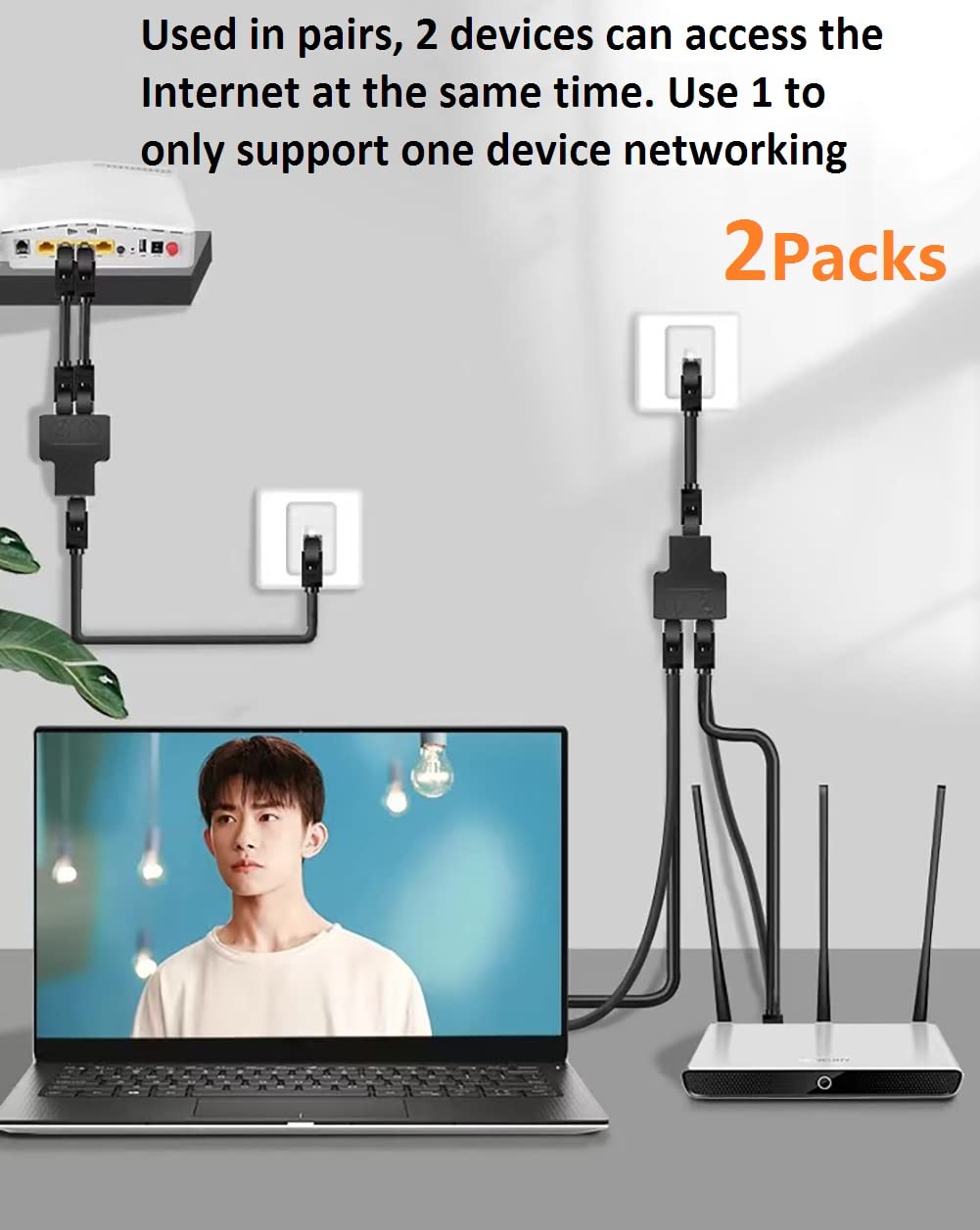 RJ45 Ethernet Splitter Adapter, 2 Pack 1 to 2 Ethernet Splitter 8P8C Socket Extender to Connect to LAN Network Internet Splitter Adapter, for Cat5, 5e, Cat6, Cat7, Black
