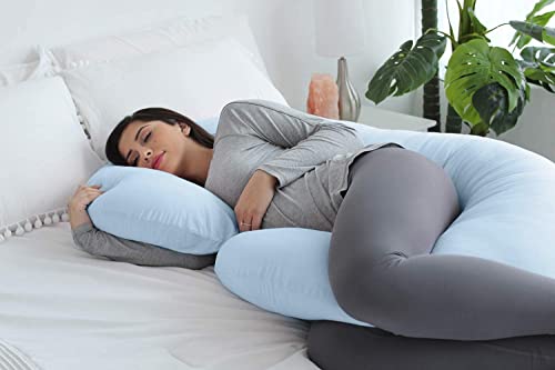 Pharmedoc Pregnancy Pillows, C-Shape Full Body Pillow – Jersey Cover Light Blue – Pregnancy Pillows for Sleeping – Body Pillows for Adults, Maternity Pillow and Pregnancy Must Haves, New Mom Gifts