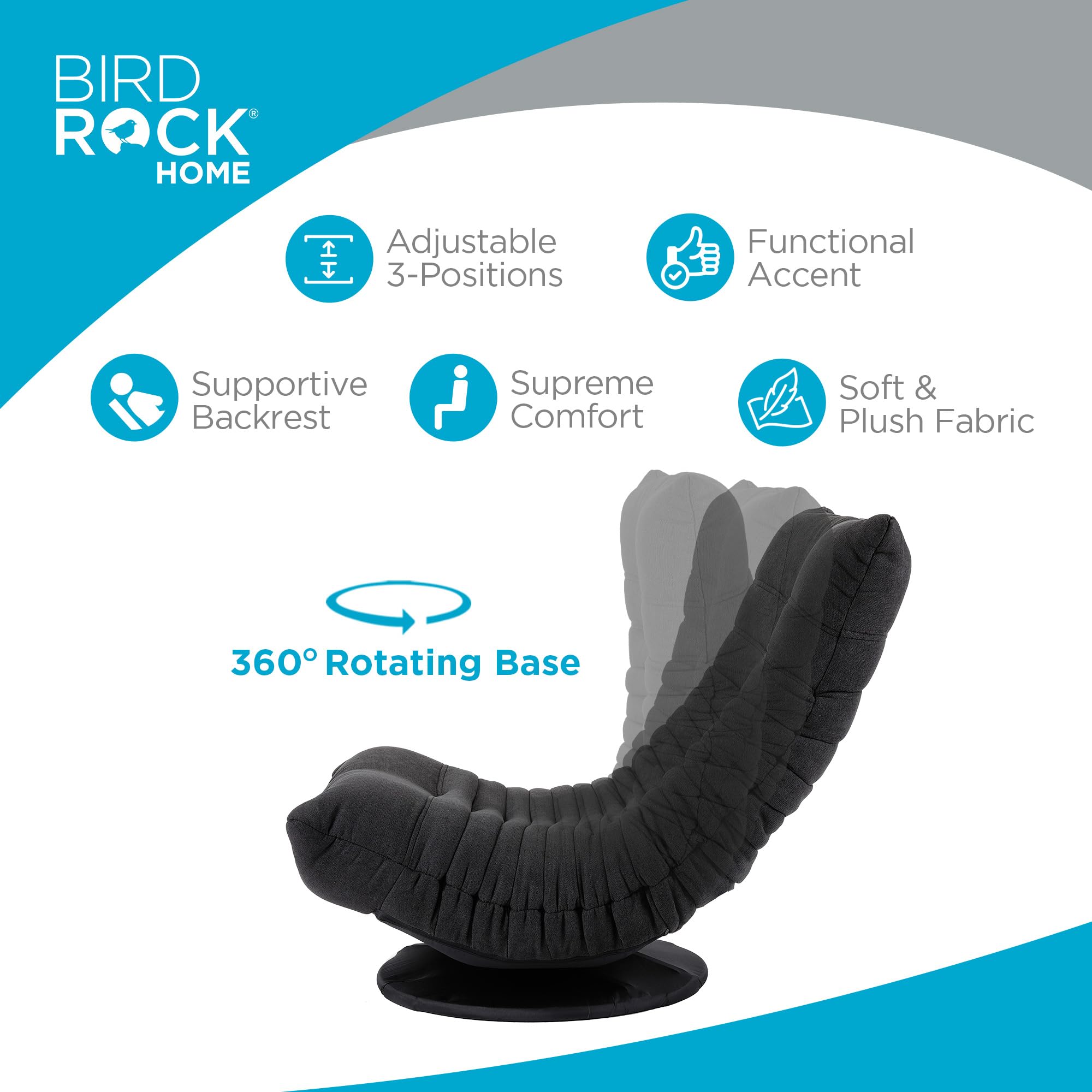 BIRDROCK HOME Swivel Floor Chair for Adults & Kids - 360-Degree Rotating Lounge Chair - 8" Thick Cushion Banana Chair Foldable & Comfy Back Support Seat for Gaming Reading Watching Relaxing - Charcoal