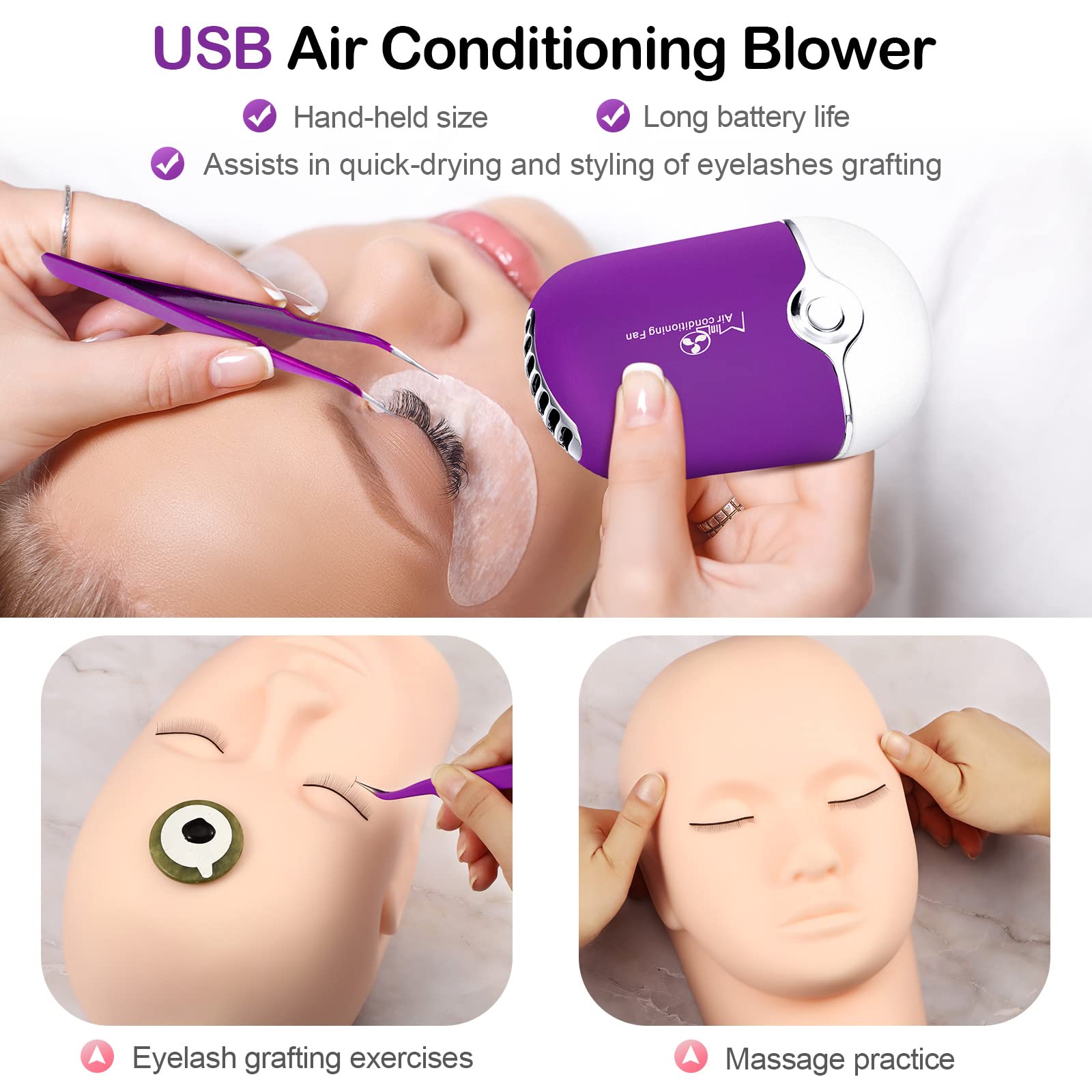 261 Pcs Eyelash Practice Kit Lash Kit for Eyelash Extension USB Air Conditioning Blower False Eyelash Mannequin Head Eye Lash Extension Kit Permanet for Beginner Makeup Training (Purple)