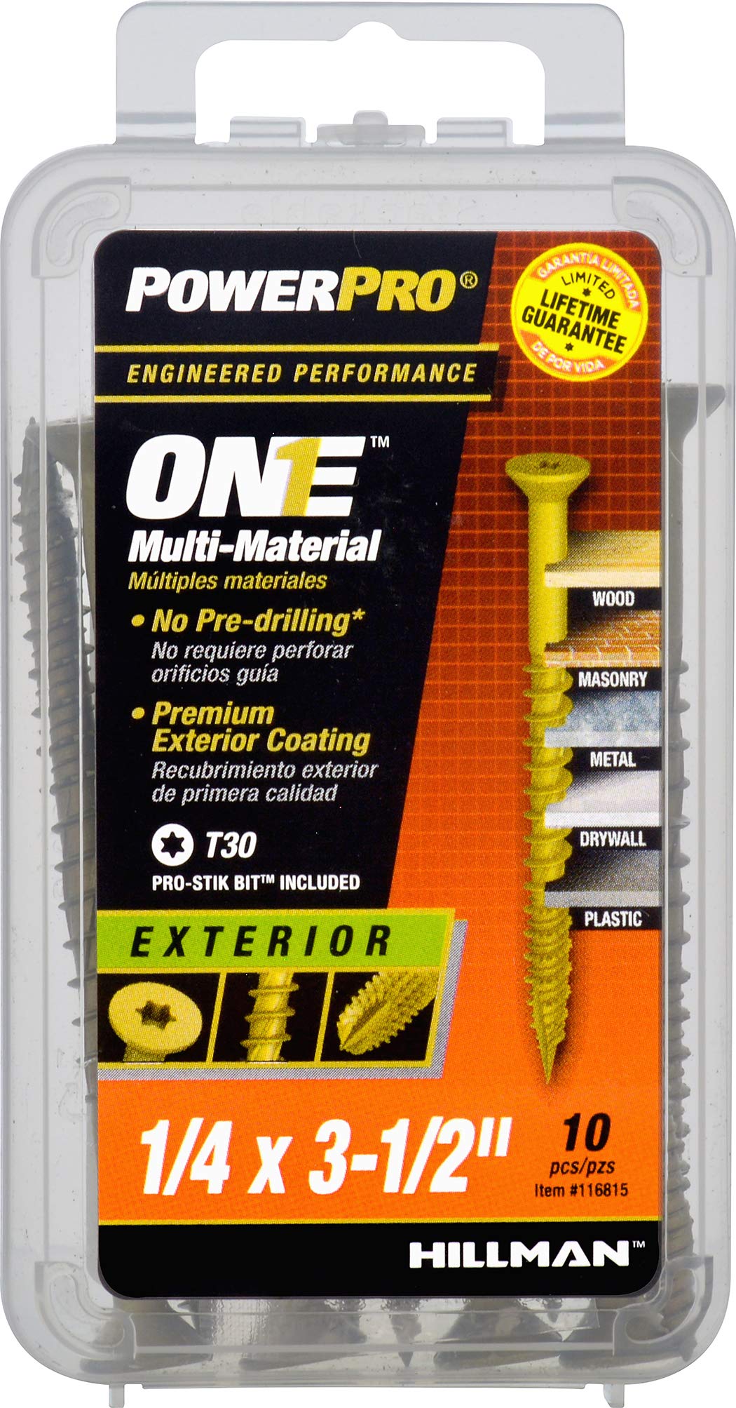 Power Pro Premium One Multi-Material Flat Head Screws, Epoxy Coated Steel, Fasten in Wood, Metal, Concrete, Drywall and Plastic, Bronze, ¼ x 3-½ inches, Box of 10 Screws