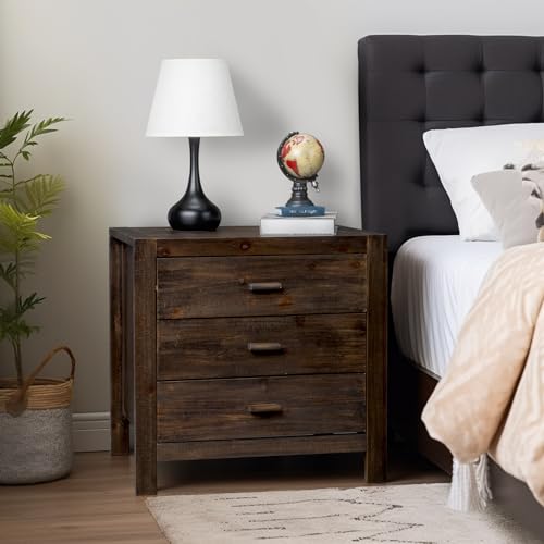 Karl home Farmhouse Nightstand with Charging Station, Solid Pine Wood 3 Drawer Night Stands for Bedroom, Bedside Table with 2 USB Ports & 2 AC Outlets, Vintage End Tables, Brown