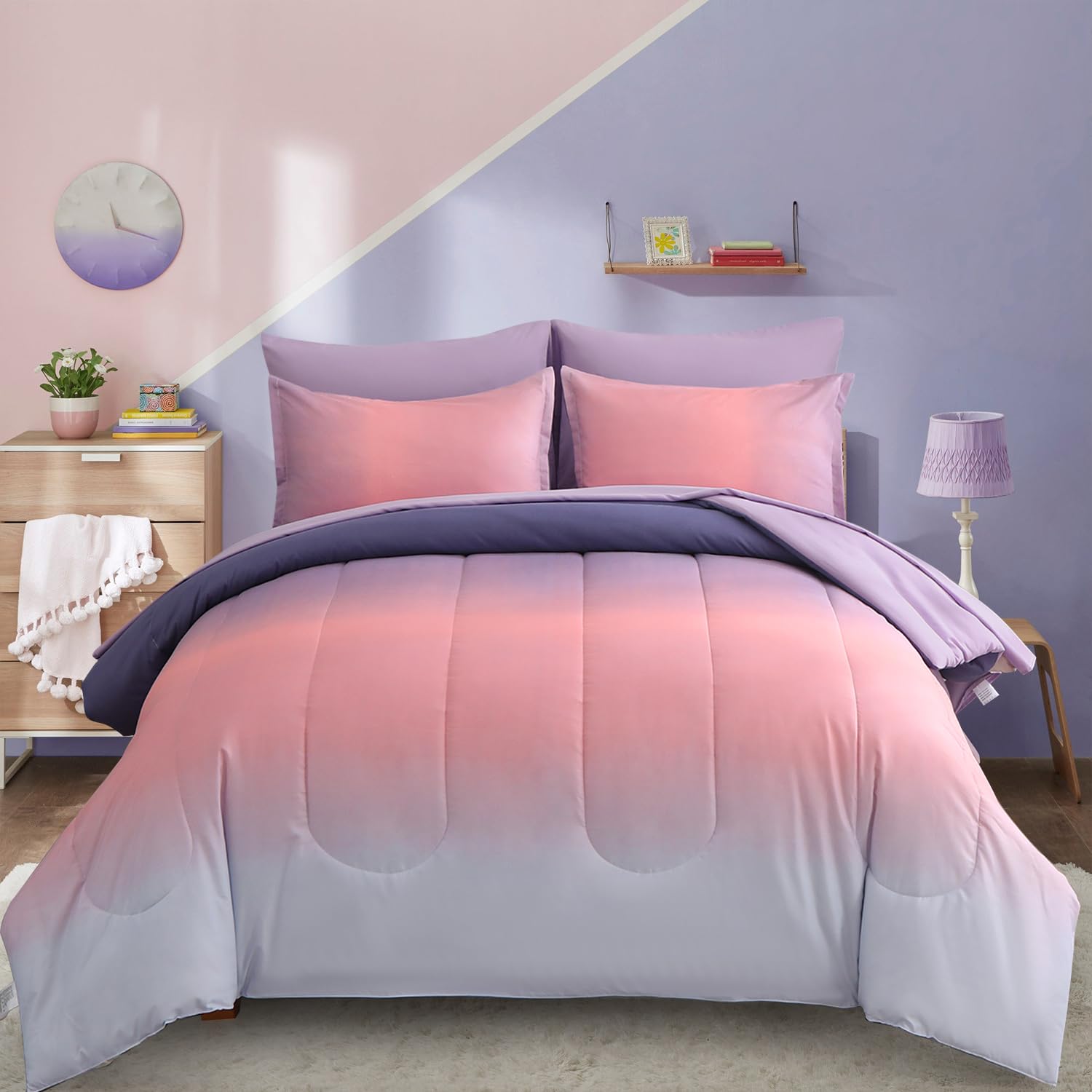 7 Pieces Comforter Set Full/Queen Size - Gradient Pink and Purple All Season Teens Rainbow Comforter Bedding Set, Ultra Soft Fluffy Microfiber Bed in a Bag for Kids