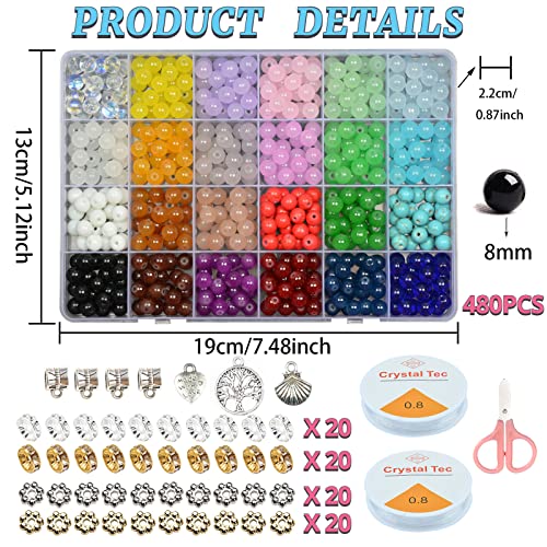 AIFNIY 570PCS Glass Beads for Jewelry Making 8mm Turquoise 24 Colors Crystal Beads Bracelet Making Kit Loose Round Gemstone Stone Spacer Chakra Energy Healing Beads Bulk DIY Crafts (Kit A)