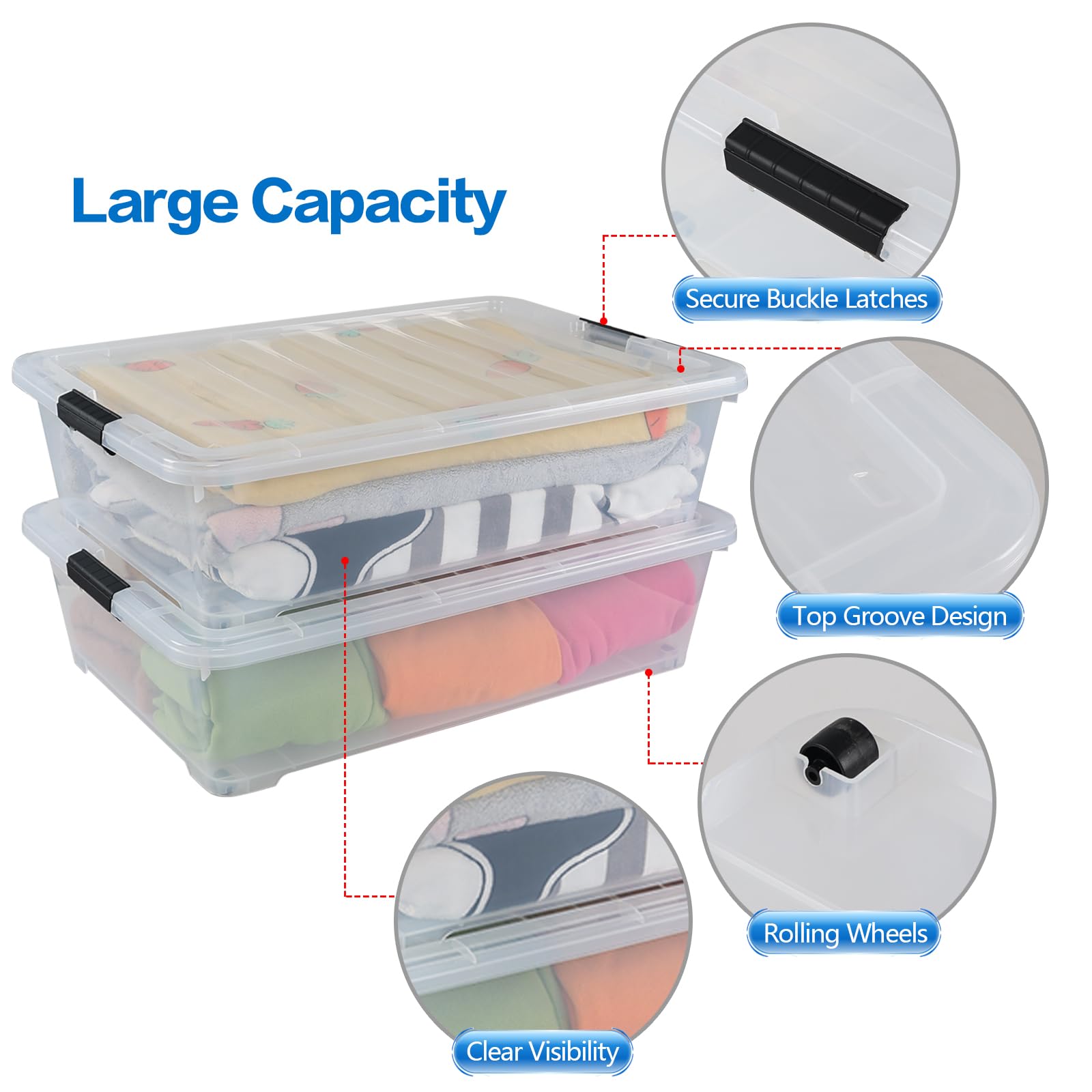 Hespama 3-Pack 50 Quart Plastic Underbed Storage Container Box, Large Clear Under Bed Storage Bins with Wheels