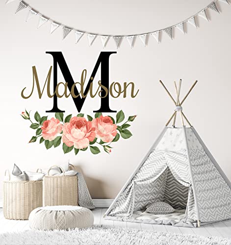 CuteDecals Flowers Custom Name & Initial Wall Decal - Personalized Peonies Art Decor Mural Girls Stickers For Nursery Bedroom Decoration (Mini Wide 15''x13'' Height)