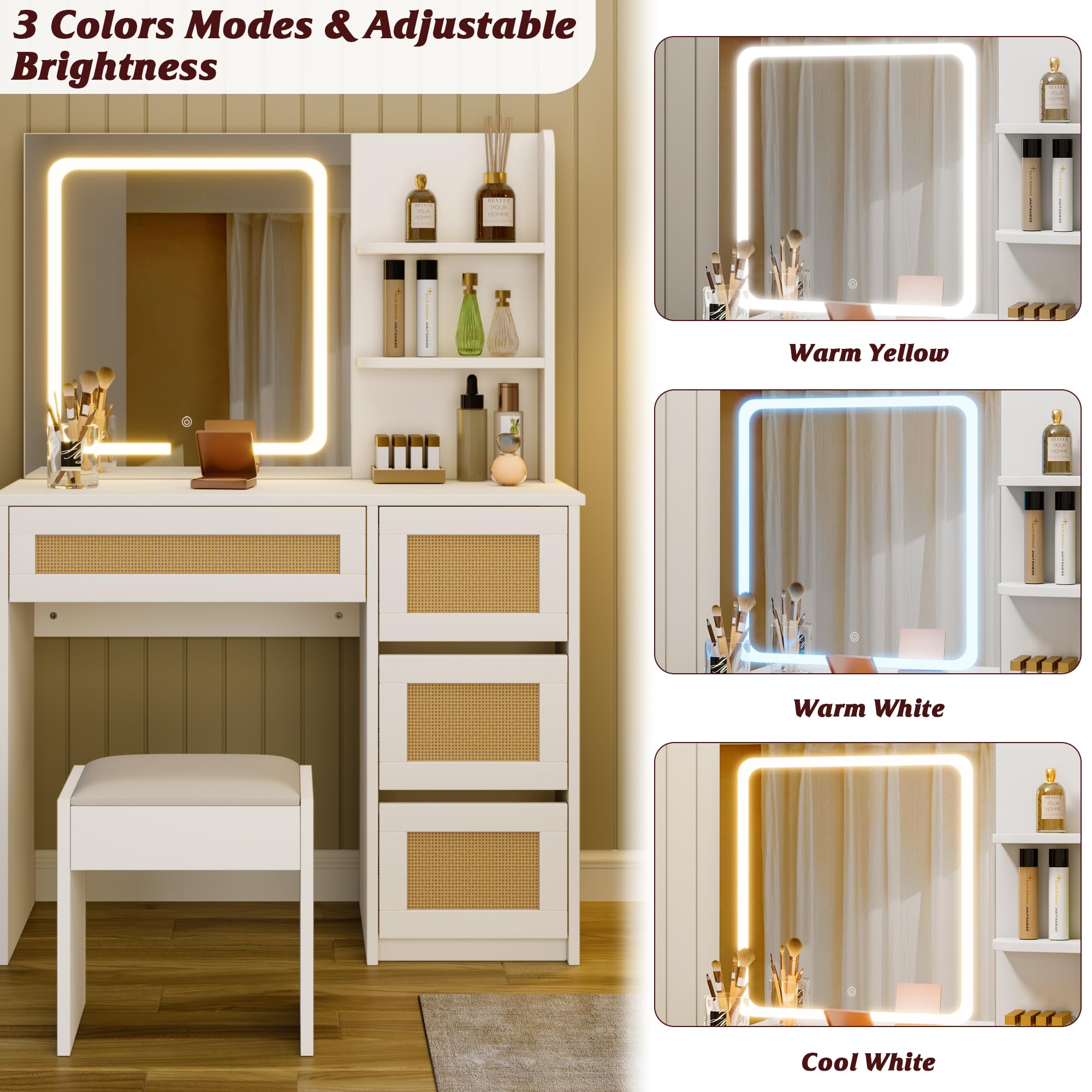 GAOMON Rattan Vanity, Makeup Vanity Desk with Mirror and Adjustable LED Light, Large Storage Space with 4 Drawers and 2 Tiers of Open Shelves for Bedroom in White