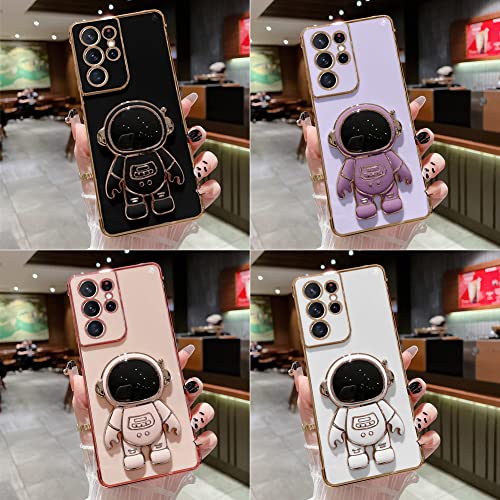 AIGOMARA 6D Plating Astronaut Hidden Stand Case Cover for Samsung Galaxy S21 Ultra 5G Women Astronaut Folding Bracket Kickstand iPhone Case with Camera Protector Soft TPU Shockproof Bumper - Black