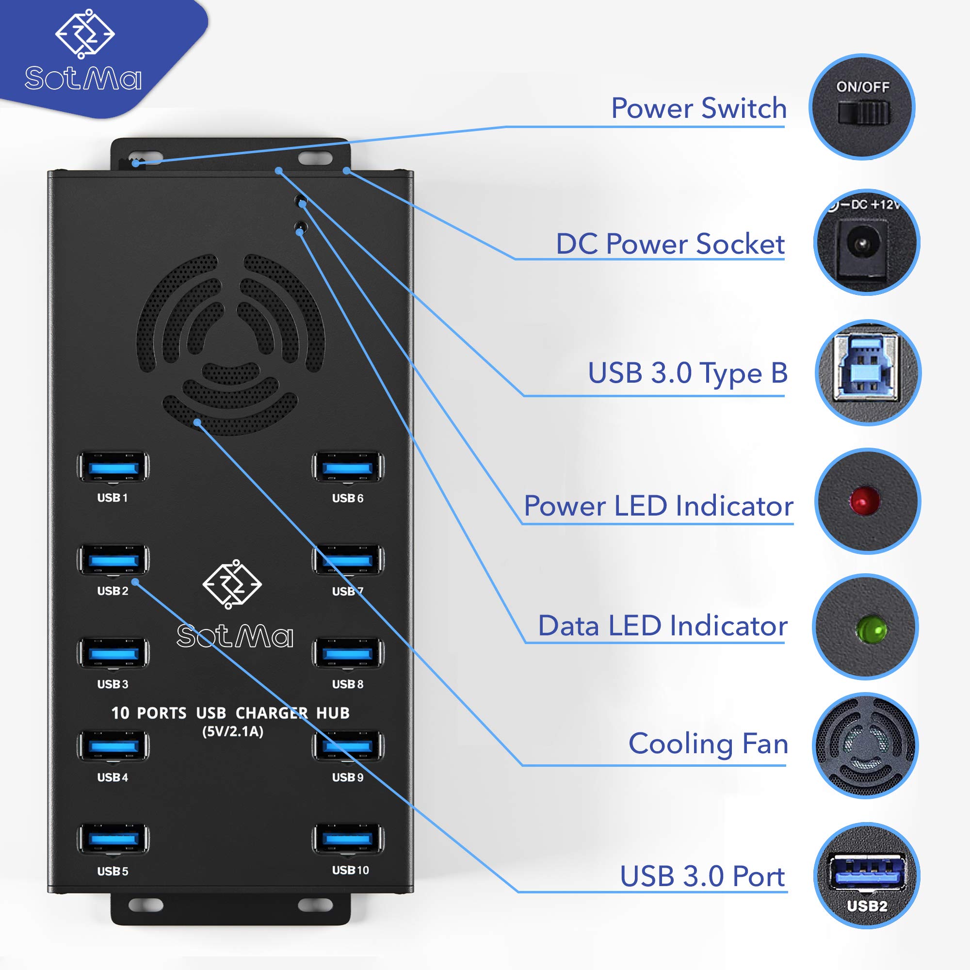Premium Design USB 3.0 Hub - Multi-Safety Protection 10-Port Powered USB Hub 3.0 with AC Adapter - USB Splitter with Cooling Fan and Mounting Brackets - Aluminum - Hub for Multiple Devices