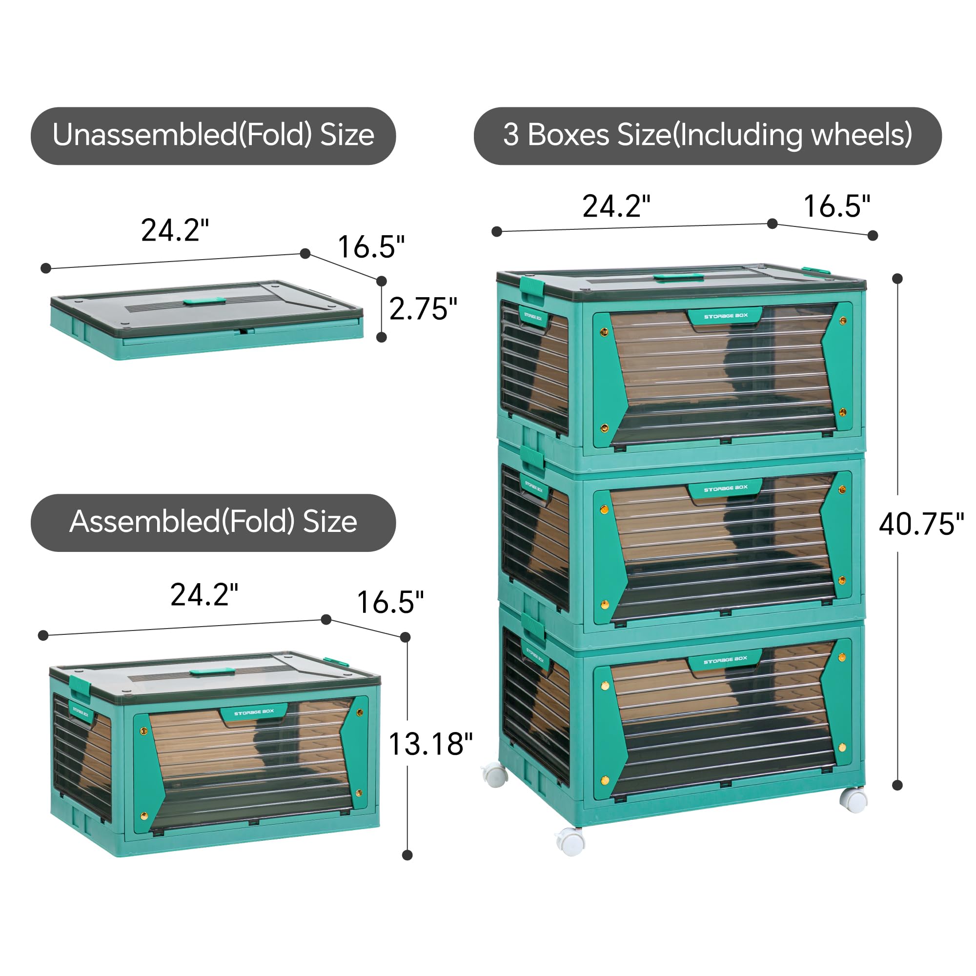 Homeforce Collapsible Storage Bins with Lids and Wheels, Plastic Foldable Storage Box with 5 doors for Home Dorm Bathroom Organizing, Suitable for kids over 6