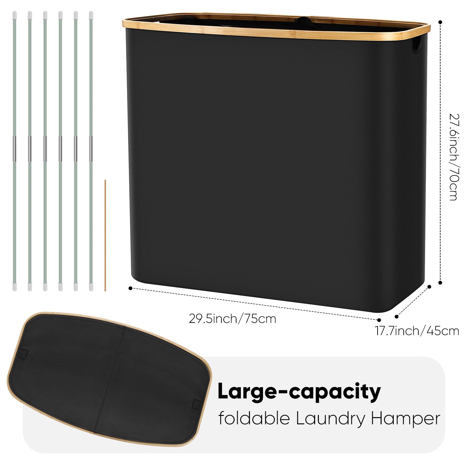 215L Double Laundry Hamper with Lid, Laundry Basket with Removable Laundry Bags, Collapsible 2 Section Dirty Clothes Basket with Bamboo Handles, Perfect for Bedroom, Bathroom, Laundry Room - Black