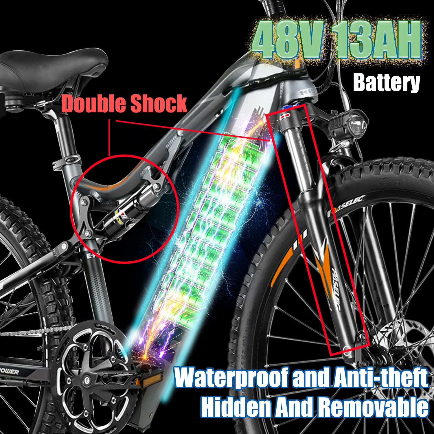 27.5'' Electric Mountain Bikes for Adults 500W E-Bike 48V 13AH Removable Battery Fat Electric Bicycle Step Thru MTB with Professional 9-Speed Gears