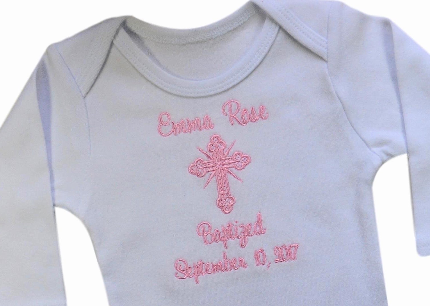 Funny Girl Designs Personalized Christening Keepsake Romper Bodysuit Embroidered with Name and Baptism Date (6-12 Months Long Sleeve, Pink)