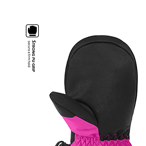 HIGHCAMP Kids Ski Mittens Waterproof Winter Snow Gloves with Zipper and String on Long Cuff for Toddler Boys Girls -Rosa,M (6-8 Y)