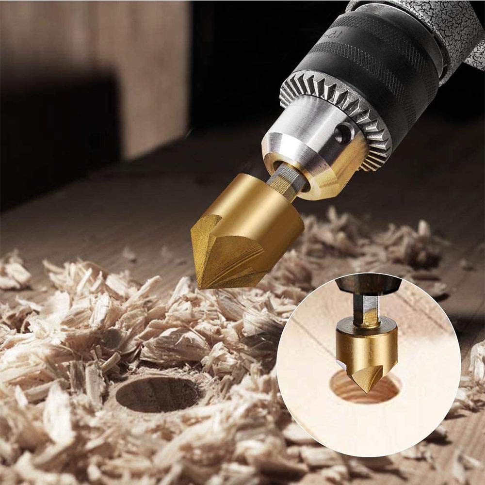 PAGOW Countersink Drill Bit Set- 7 Pcs Counter Sinker Drill Bits for Wood, Quick Change, 1/4'' Hex Shank, High Speed Steel, 6 Flute 90 Degree Center Punch Tool, 1/4''-3/4''