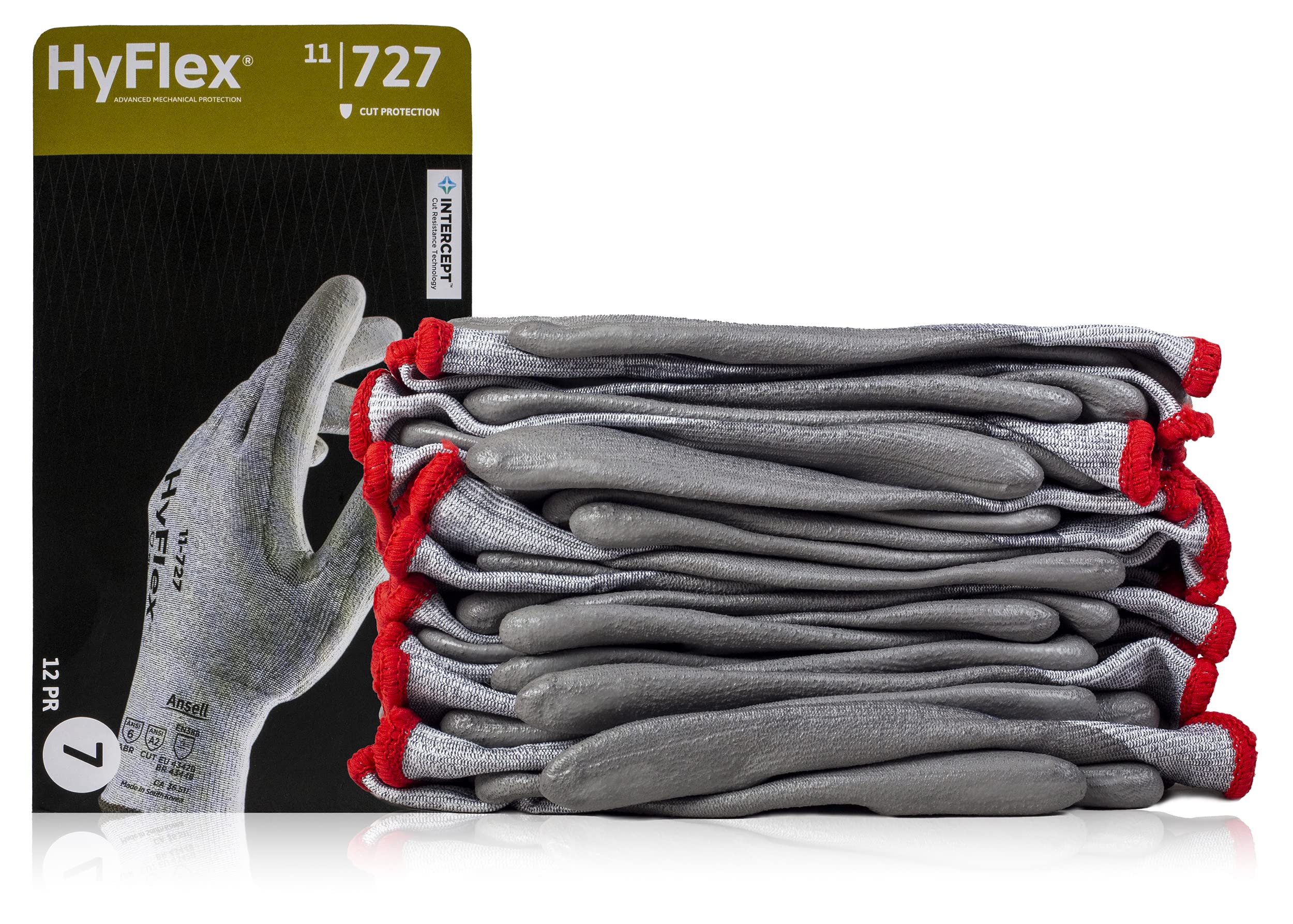 Ansell HyFlex 11-727 Ultralight Cut-Resistant Industrial Gloves w/Reinforced Palm for Machinery, Auto, Warehousing - Large, Grey (144 Pairs)