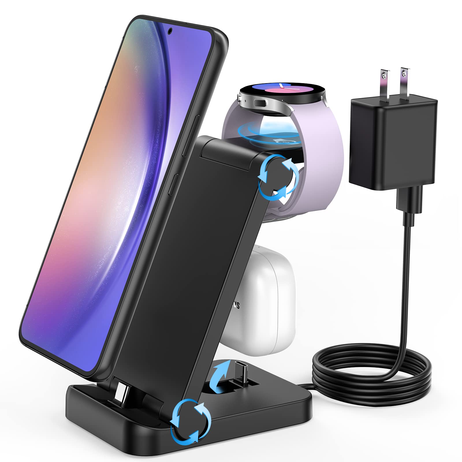 2023 Charging Station/Stand for Samsung/Android Multi Devices, Foldable Travel Fast Charger Pad for Samsung A54/A53/S23/S22/Note20/Z Fold, Buds, Wireless Charger for Galaxy Watch 6/5/4/3