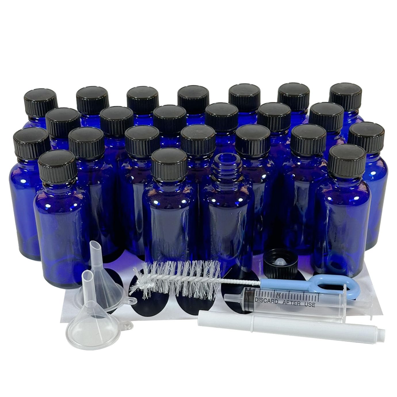 PIPIBA 24Pack 1oz(30ml) Boston Glass Bottle. Essential Oil Bottle With Lid. For Perfume, Aromatherapy, Lab Refillable Sample Vials (Blue)