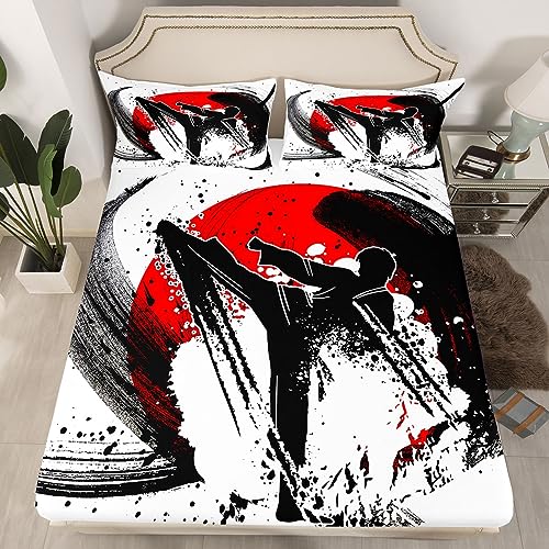 Castle Fairy Kungfu Sheet Set,Kids Ink Tie-dye Bed Sheets Set,Black and Red Bedding Set for Boys Teens Sheets Soft Room Decor Twin Size(1 Flat Sheet+1 Fitted Sheet+1 Pillowcase)