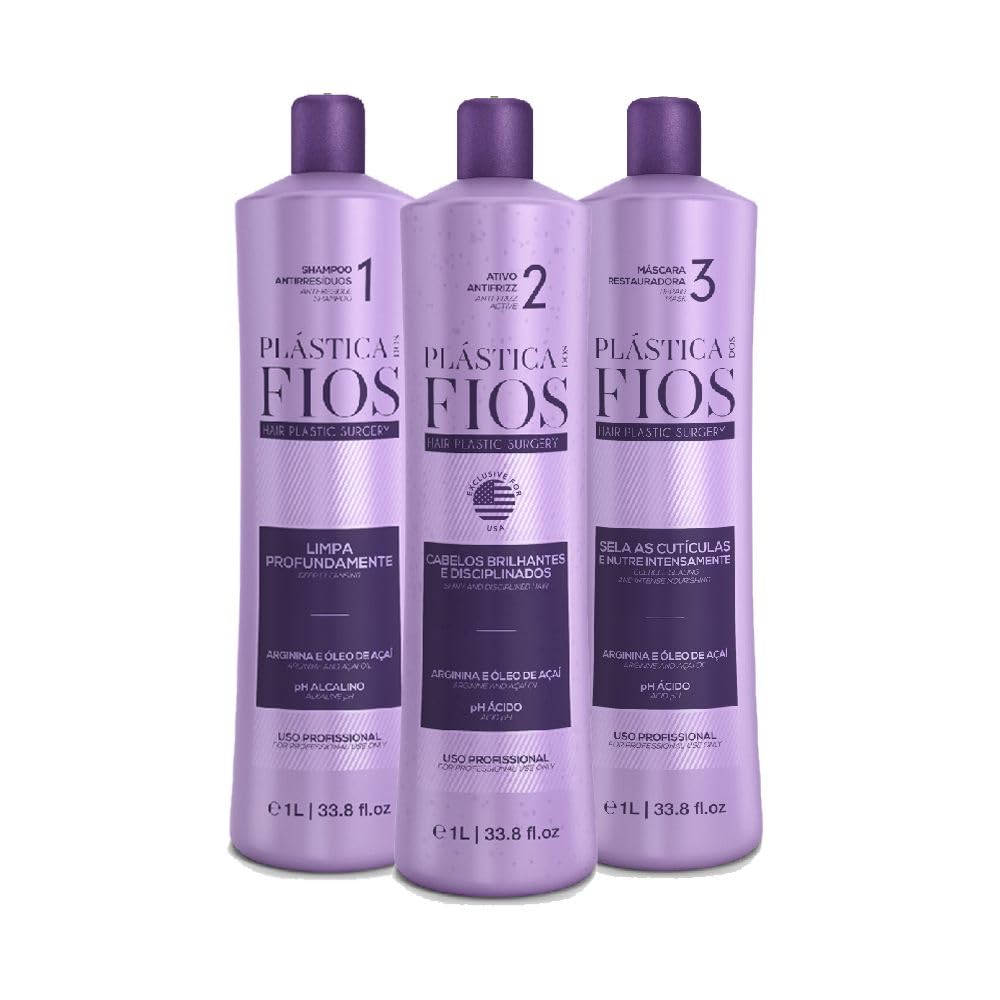 Cadiveu - Plastica Dos Fios Brazilian Keratin Hair Smoothing System Anti Frizz Active, Anti Residue Shampoo And Repair Mask - The Best Treatment System - (3x1000 ML) (Set of 3)