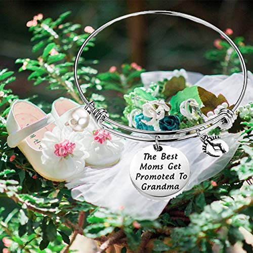 FEELMEM New Grandma Gift The Best Moms Get Promoted to Grandma Bangle Bracelet with Baby Footprint Charm (Silver)