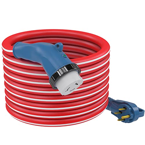 50 Amp 25 FT RV/Generator Cord with 135 Degree Locking Connector, NEMA 14-50P to SS2-50R with LED Power Indicator, ETL Listed, for RV, Camper, and Generator to House, Come with Storage Kit
