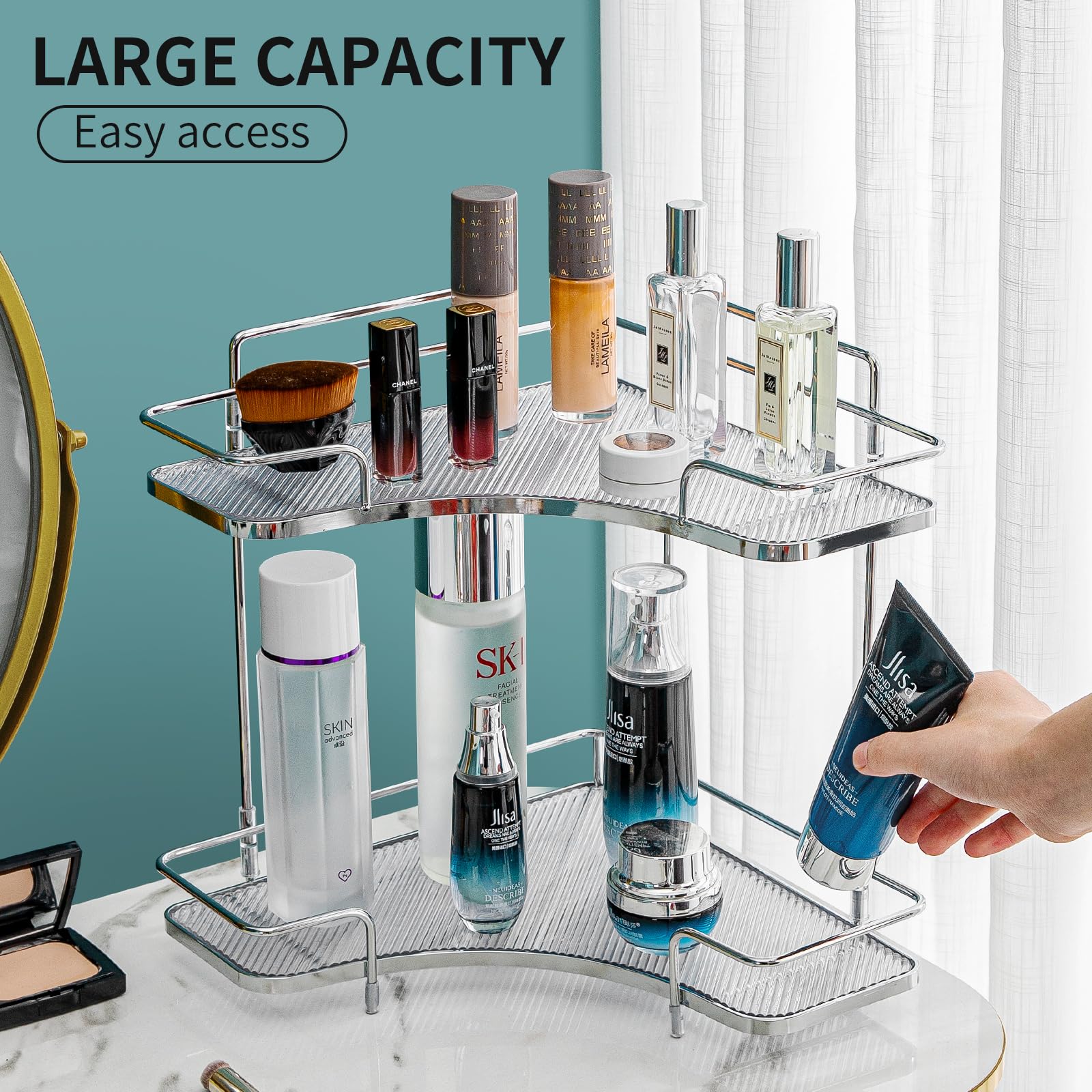 INVSSENE 2 Tiers Bathroom Organizer Countertop, Skincare Organizer, Makeup Organizer for Vanity, Cosmetic Storage Shelf, Perfume Display Tray - Plain Silver