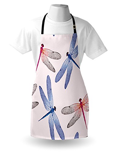 Ambesonne Dragonfly Apron, Dragonfly Forms High Detailed Ornate Irregular Macro Retro Simplistic Print, Unisex Kitchen Bib with Adjustable Neck for Cooking Gardening, Adult Size, Pink Blue