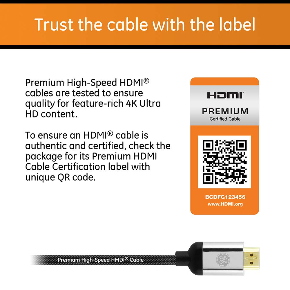 GE 4K HDMI Cable, 6 ft. Premium HDMI 2.0 High Speed 18 Gbps with Ethernet, 4K 60Hz, 1440p 1080p 120Hz, HDR, for HDTV, Streaming, Blu-ray, Gaming, PS4 Pro PS5 Xbox, 33512
