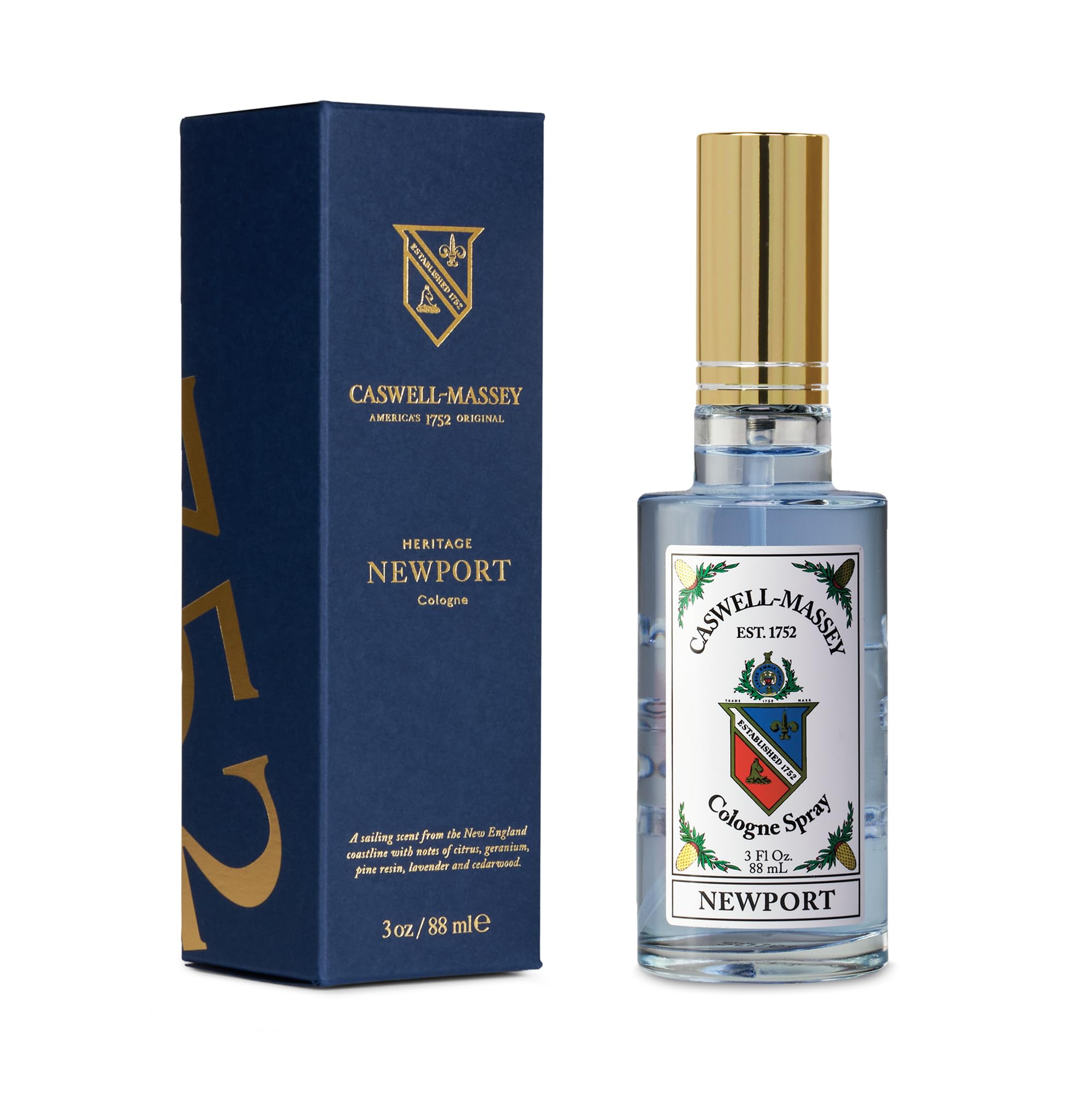 Caswell-Massey Newport Gold Cap Cologne, Men’s Cologne with an Original American Seaside Cologne, Fresh, Cool & Ocean-Inspired, 3 Fl Oz