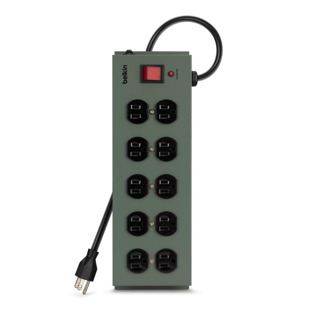 Belkin Power Strip Surge Protector - 10 AC Outlets, 15ft Heavy Duty Metal Extension Cord with Wall Mount Holes for Home, Office, Travel, Computer Desktop, Laptop & Phone Charging Brick