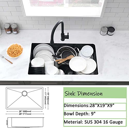 28 Inch Matte Black Kitchen Sink Undermount, Wesliv 28x19 Inch Undermount Matte Black Kitchen Sink 16 Gauge Deep Large Single Bowl Kitchen Sink with Cutting Board & Bottom Rinse Grid